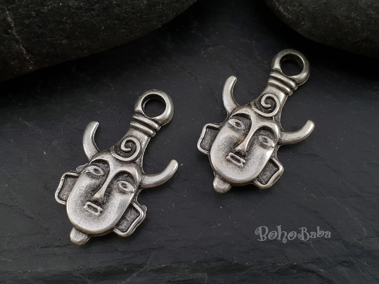 2 Pc, Tribal Mask Charms, Silver Mask Charms, Silver Mask Pendant ...