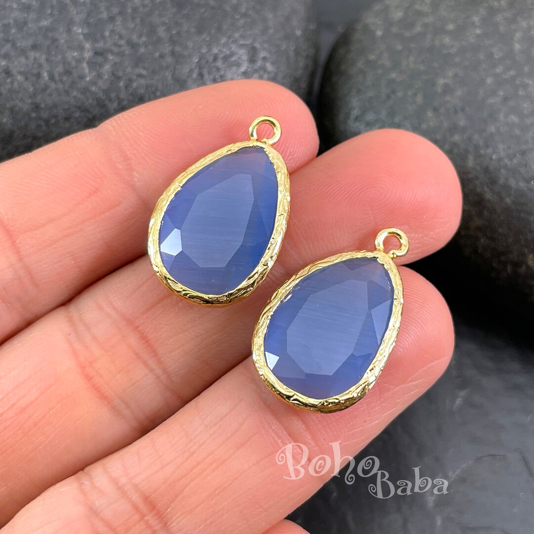 Topaz Blue Crystal Teardrop Cats Eye Charm With Gold Plated Hammered ...
