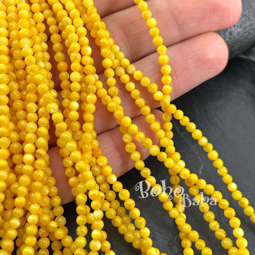 3mm Mother of Pearl Yellow Colored Round Beads, Natural MOP Round Beads ...