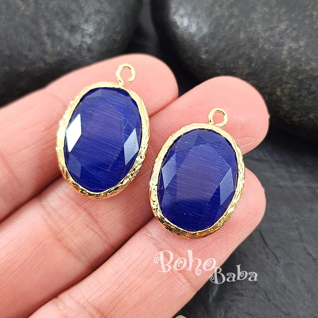 Sapphire Blue Crystal Charm, Oval Cats Eye Pendant With Gold Plated ...