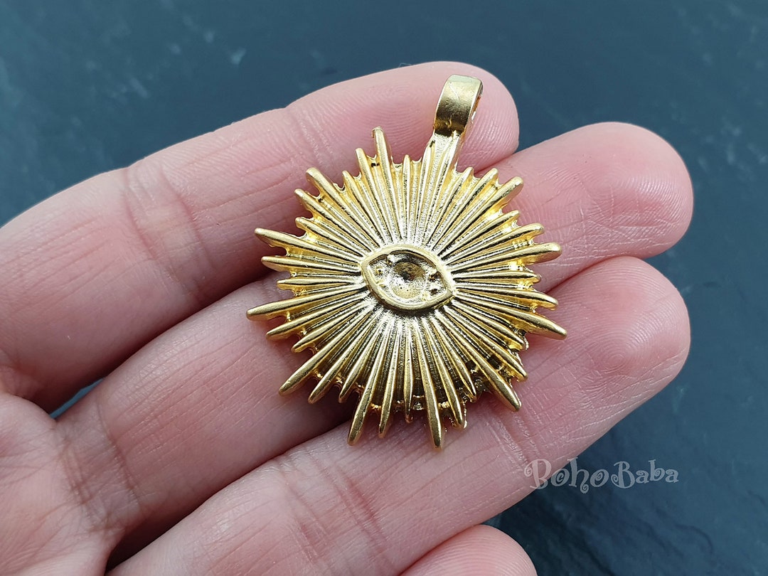 Gold Sun Charm, Gold Evil Eye Pendant, Sun Ray Charm, Sunburst Charm ...