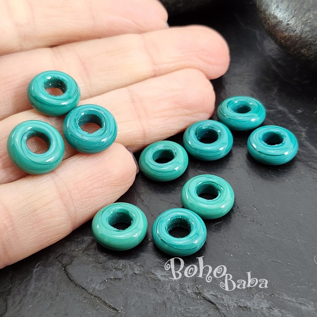 Handmade Green Glass Donut Beads, Murano Lampwork Beads, Large Hole ...