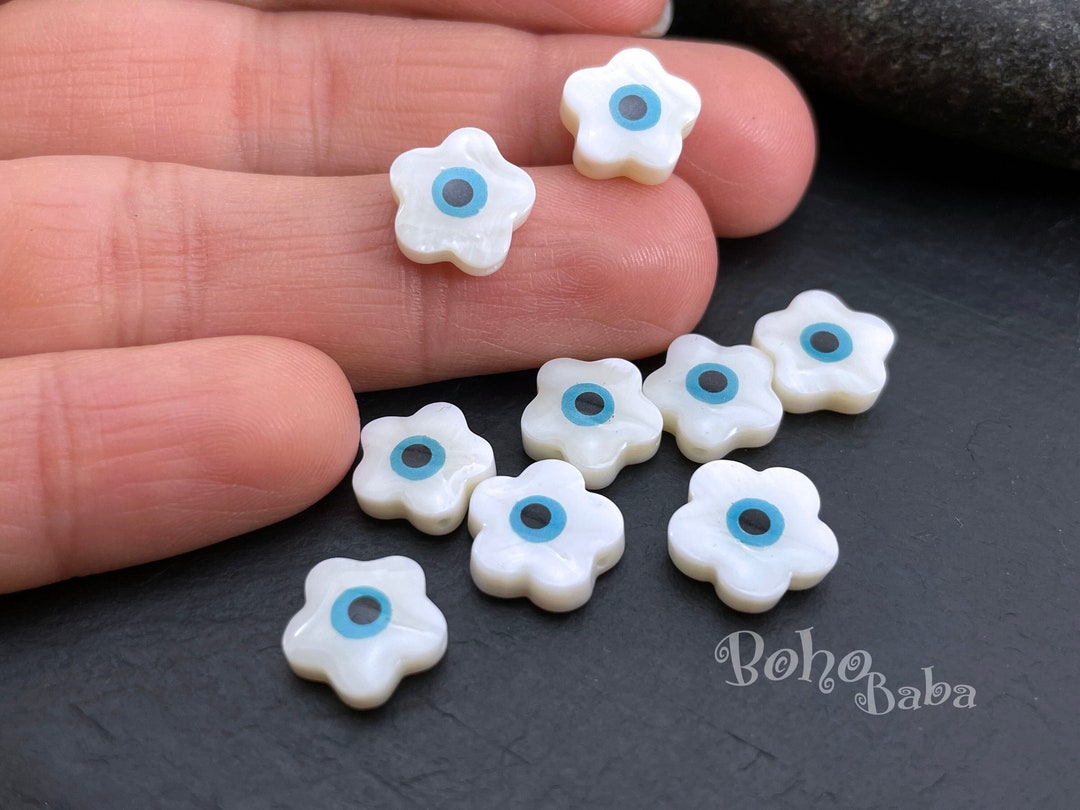 Mother of Pearl Flower Evil Eye Beads, Natural Freshwater Shell Beads ...