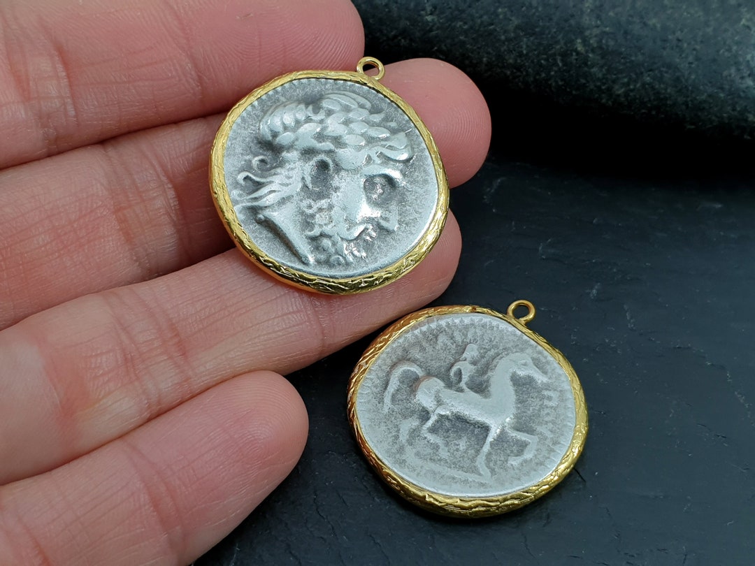 Greek Coin Medallion, Large Zeus Coin, Rustic Greek Pendant, Roman Coin ...