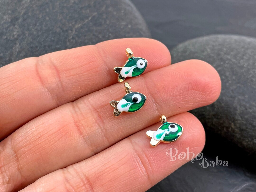 Shiny Gold Plated Enamelled Fish Charms, Green Enamel Fish Charms, 2 Pc ...