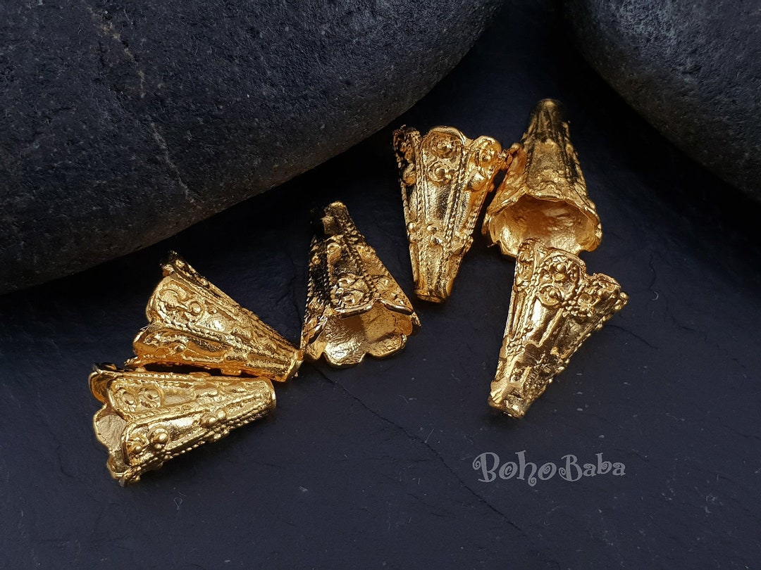 Tribal Gold Bead Cones, Gold Cone Caps, Bead End Caps, Gold Tassel Cap ...