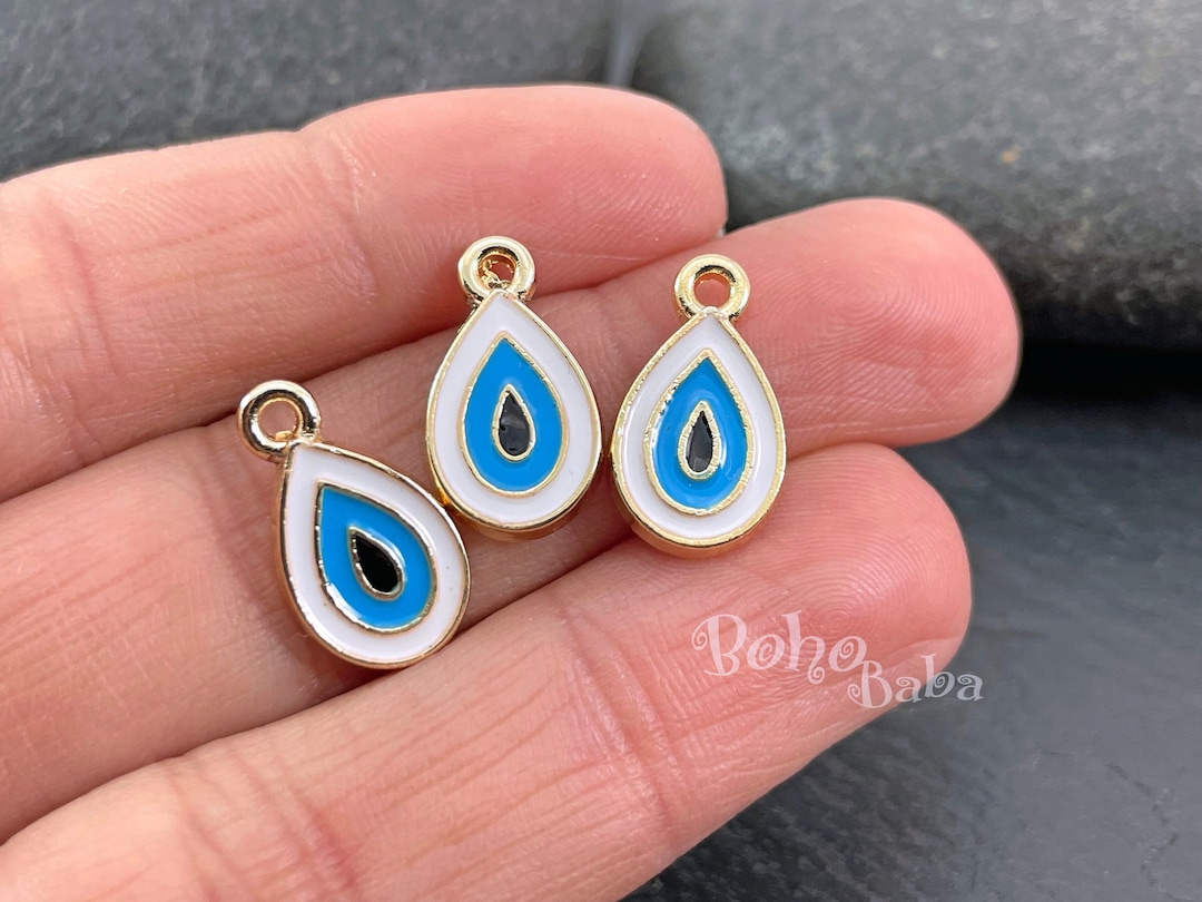 White Enamelled Evil Eye Drop Charms, Shiny Gold Plated Teardrop Charms ...