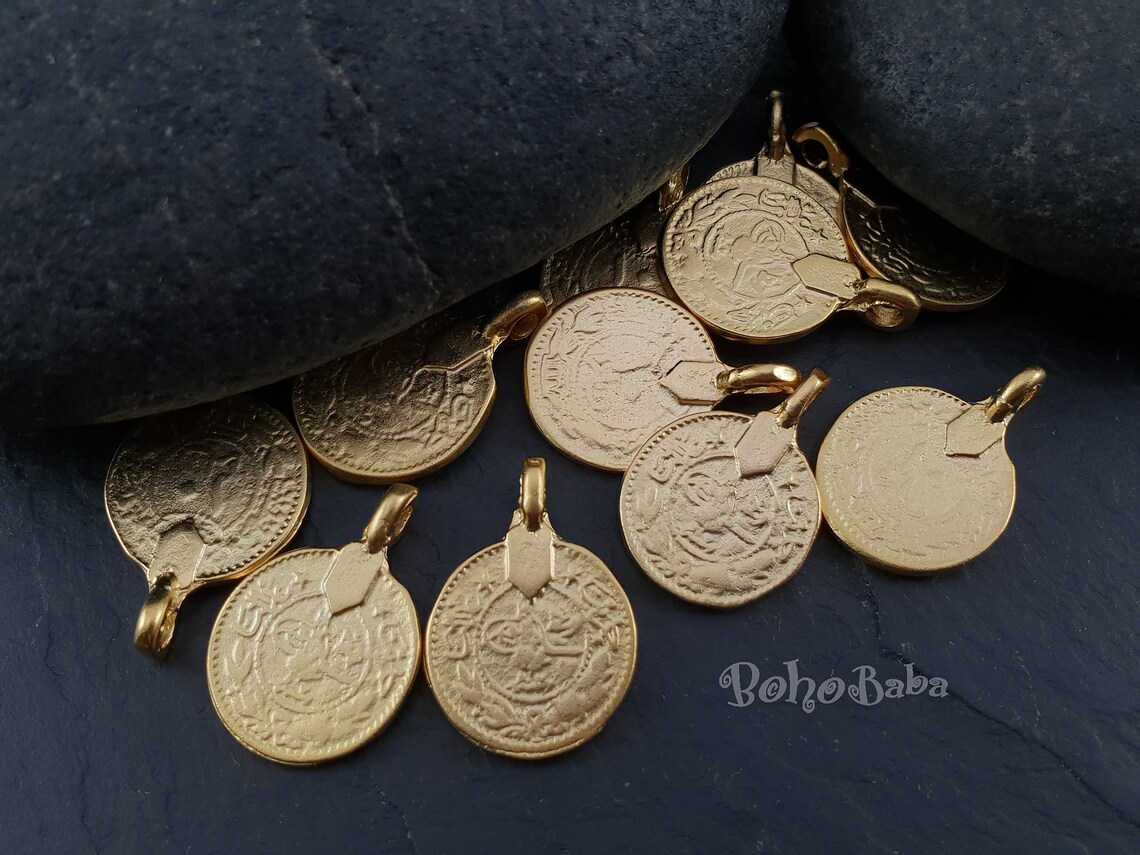 Matte Gold Plated Coin Charms, Mini Gold Ottoman Turkish Coin Charms ...