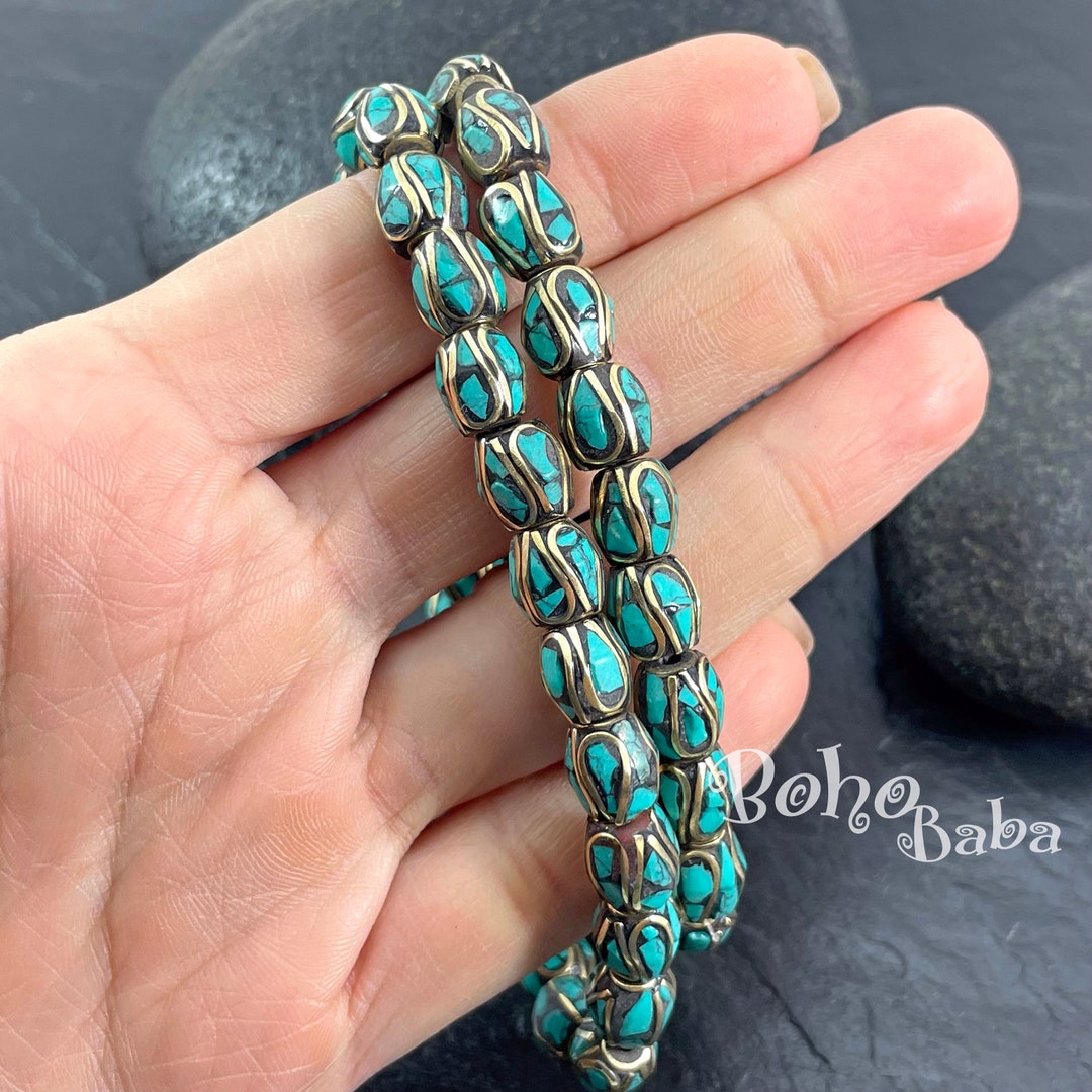 Tibetan Nepali Handmade Turquoise Inlay Round Brass Beads, Nepali Brass ...