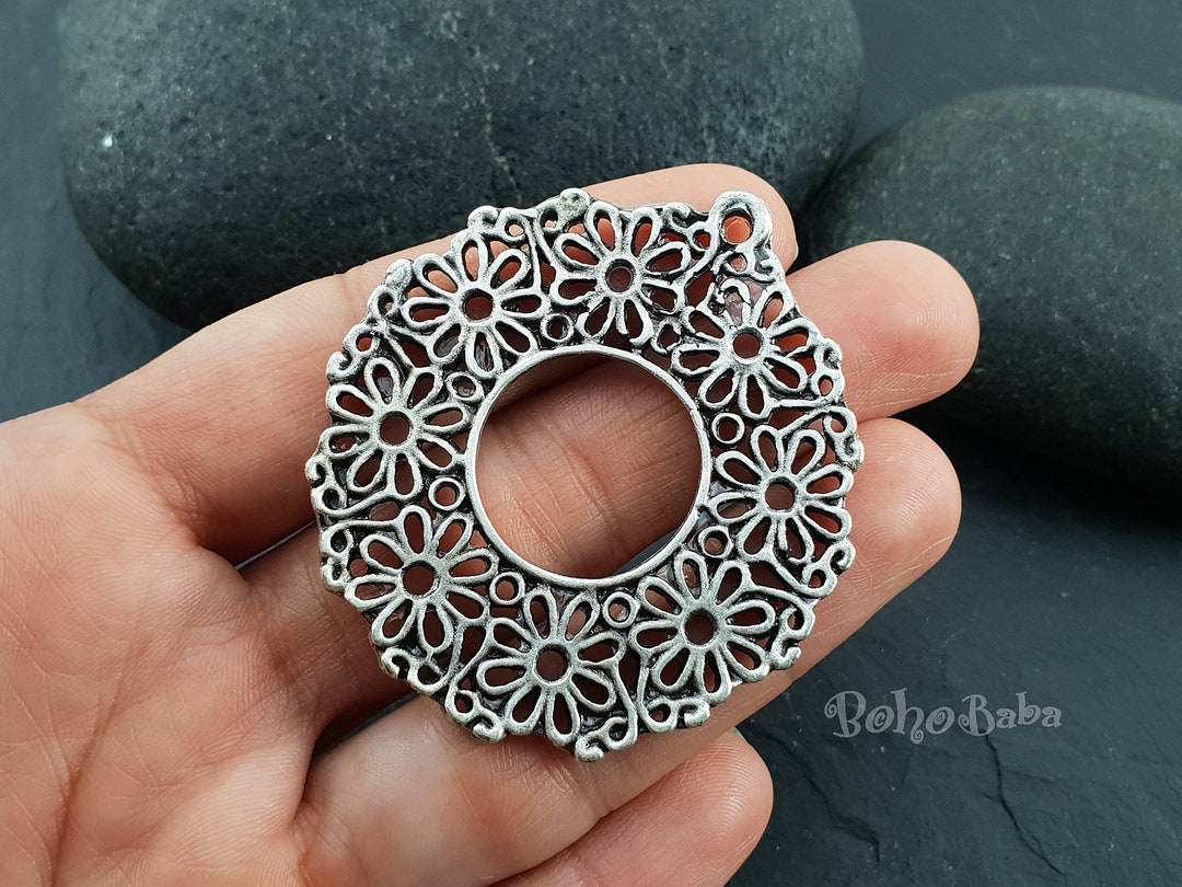 Silver Hoop Pendant, Round Silver Pendant, Silver Disc Pendant, Ethnic ...