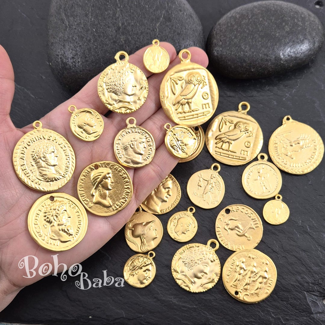 Gold Greek Coin Charm, Ancient Greek Goddess Medallion, Alexander Coin ...