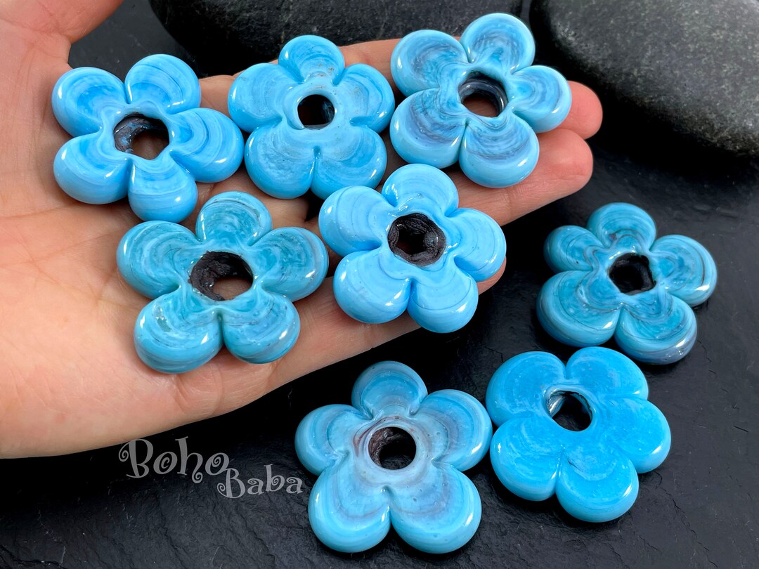 Turkish Artisan Handmade Turquoise Blue Glass Flower Beads, Lampwork ...