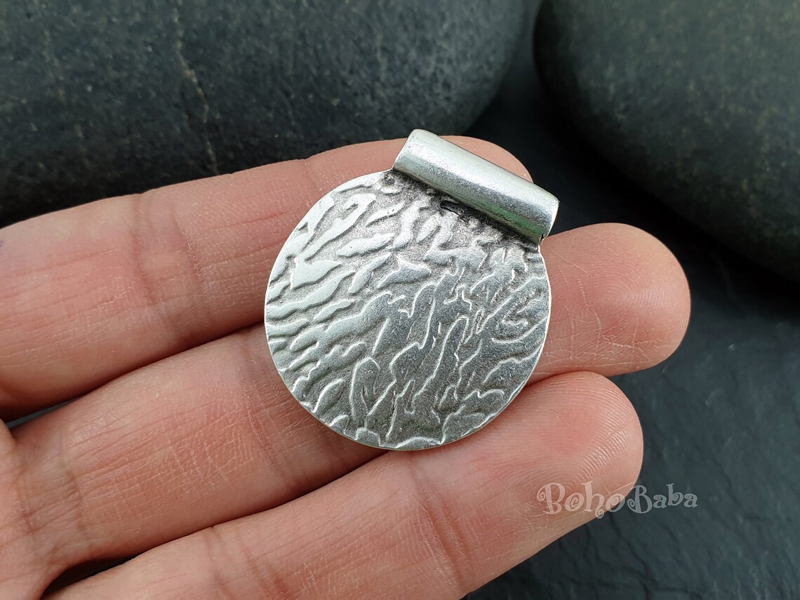 Large Silver Disc Pendant, Textured Disc Pendant, Round Disc Charms ...