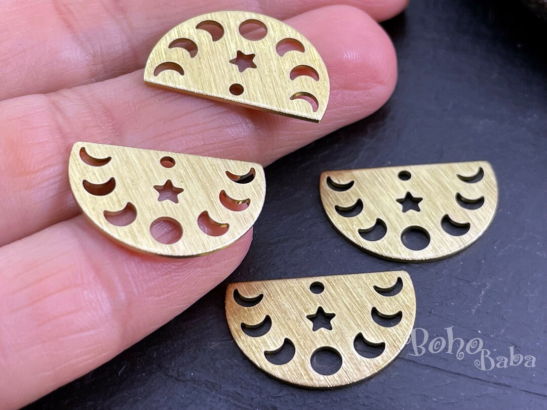 Brass Moon Phases Charm, Brass Half Moon Charm, Textured Brass Earring ...