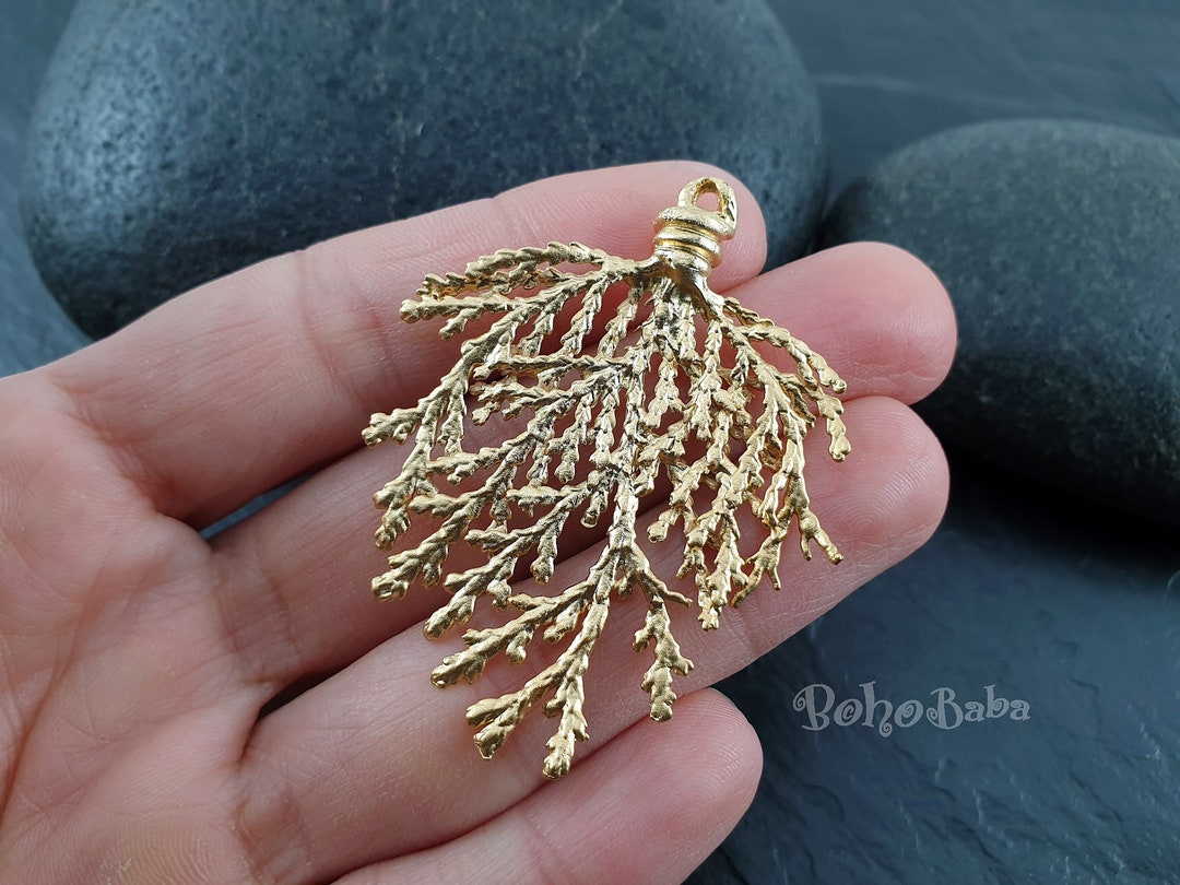 Matte Gold Plated Conifer Leaf Branch Pendant, Conifer Leaf Charm, Leaf ...