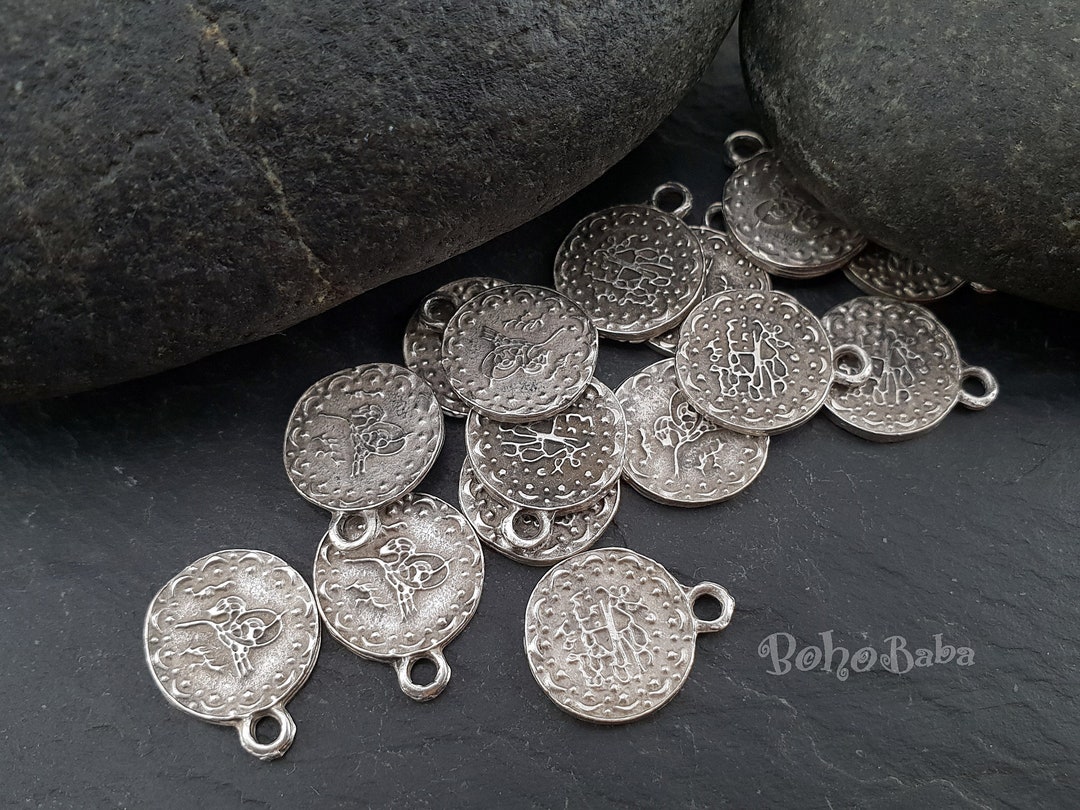 Mini Coin Charms, Antique Silver Rustic Coin Pendants, Turkish Jewelry ...