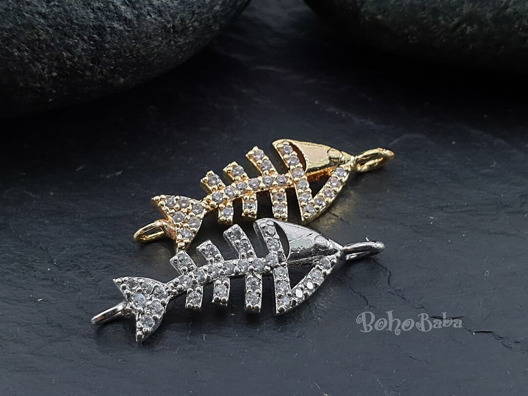 Micro Pave Fish Bone Charm, Gold Fish Bone Charm, Cubic Zirconium Fish ...
