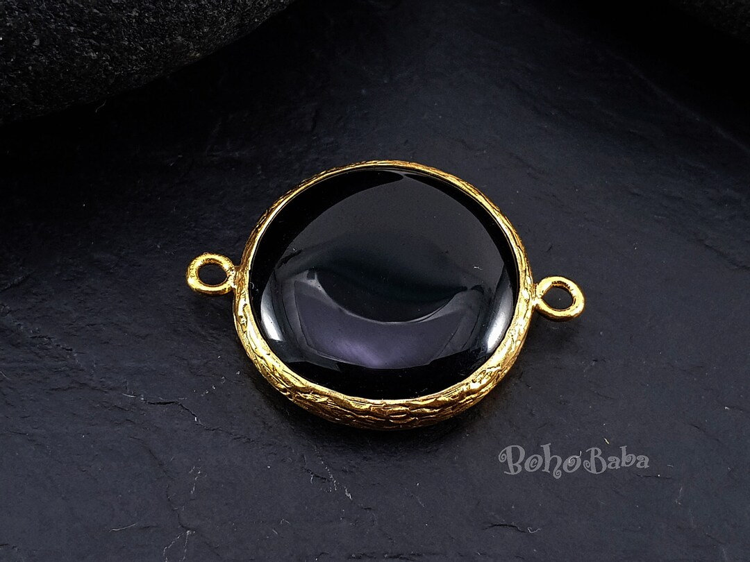 Onyx Black Jade Connector, Round Connector Station, Gold Plated ...