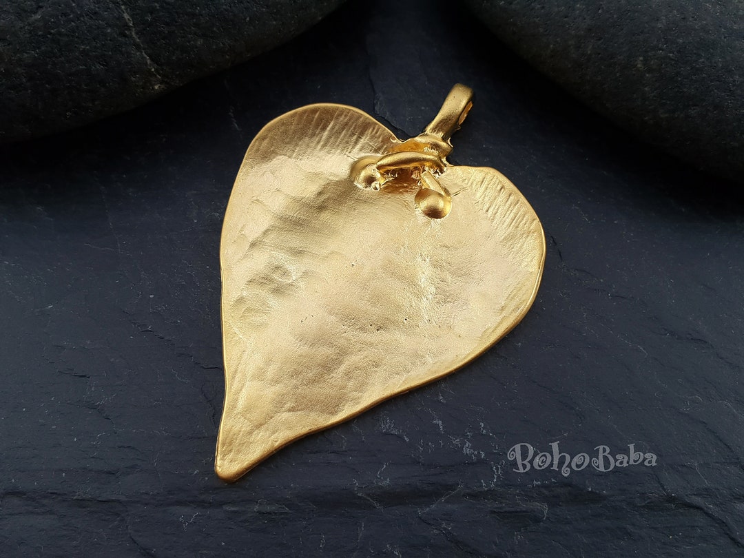 Large Gold Heart Pendant, Tribal Heart Pendant, Ethnic Heart Pendant ...