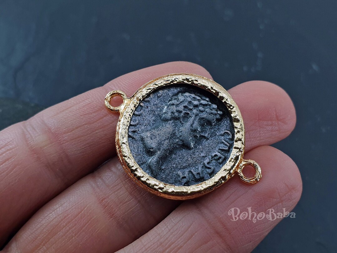 Gold Greek Coin Pendant, Large Coin Connector Charm, Black Greek ...