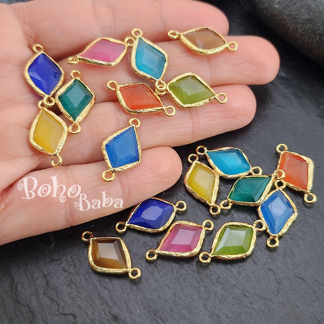 Diamond Shape Cats Eye Crystal Connector Charms With Gold Plated ...