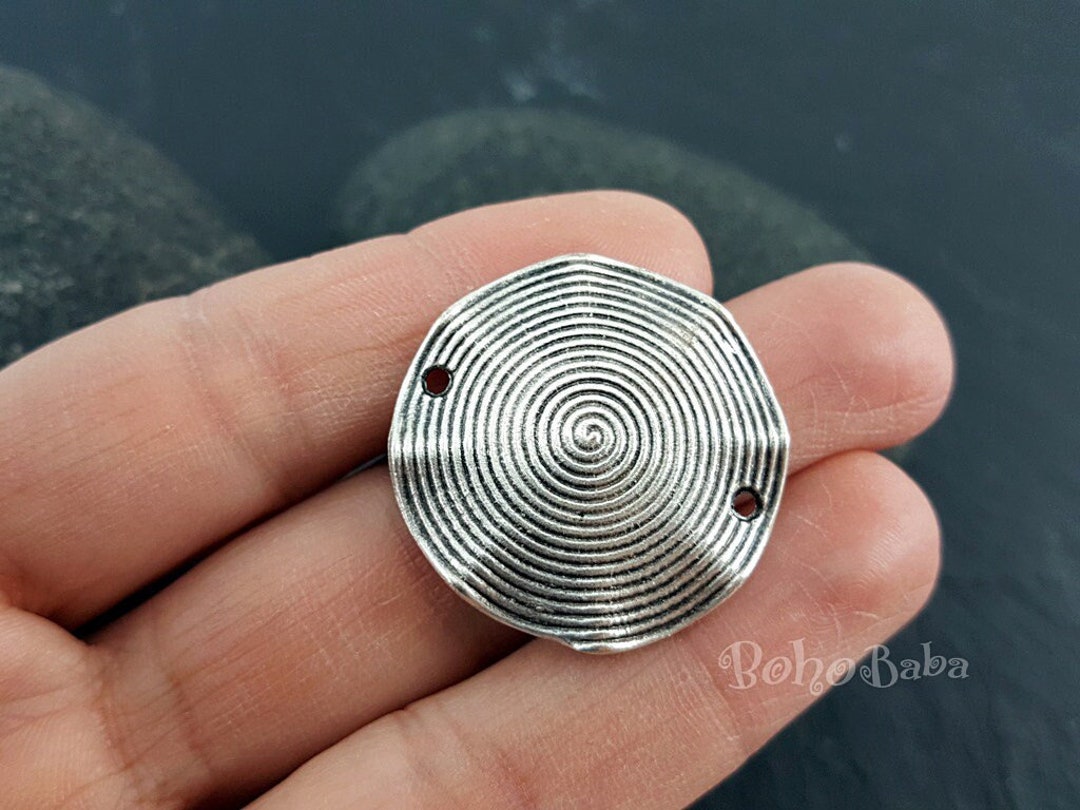 Silver Spiral Disc Connector, Round Curved Connector Pendant, Tribal ...