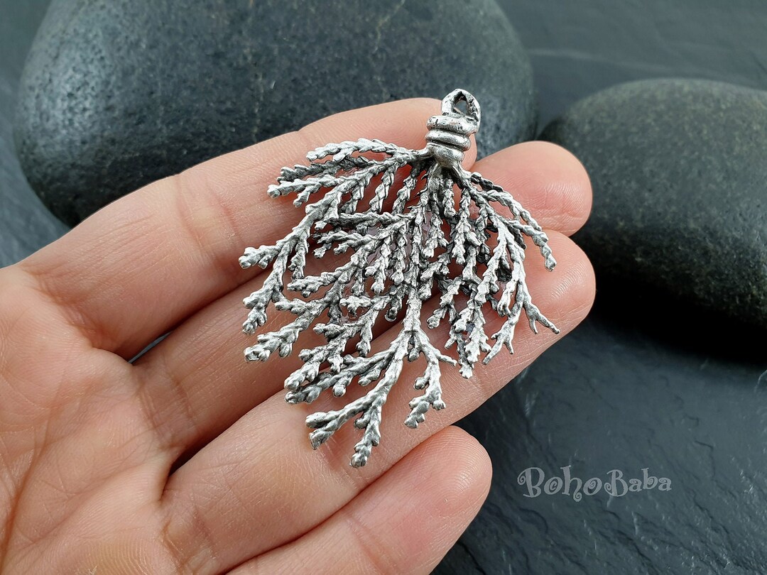 Silver Conifer Leaf Charm, Silver Conifer Leaf Branch Pendant, Conifer ...