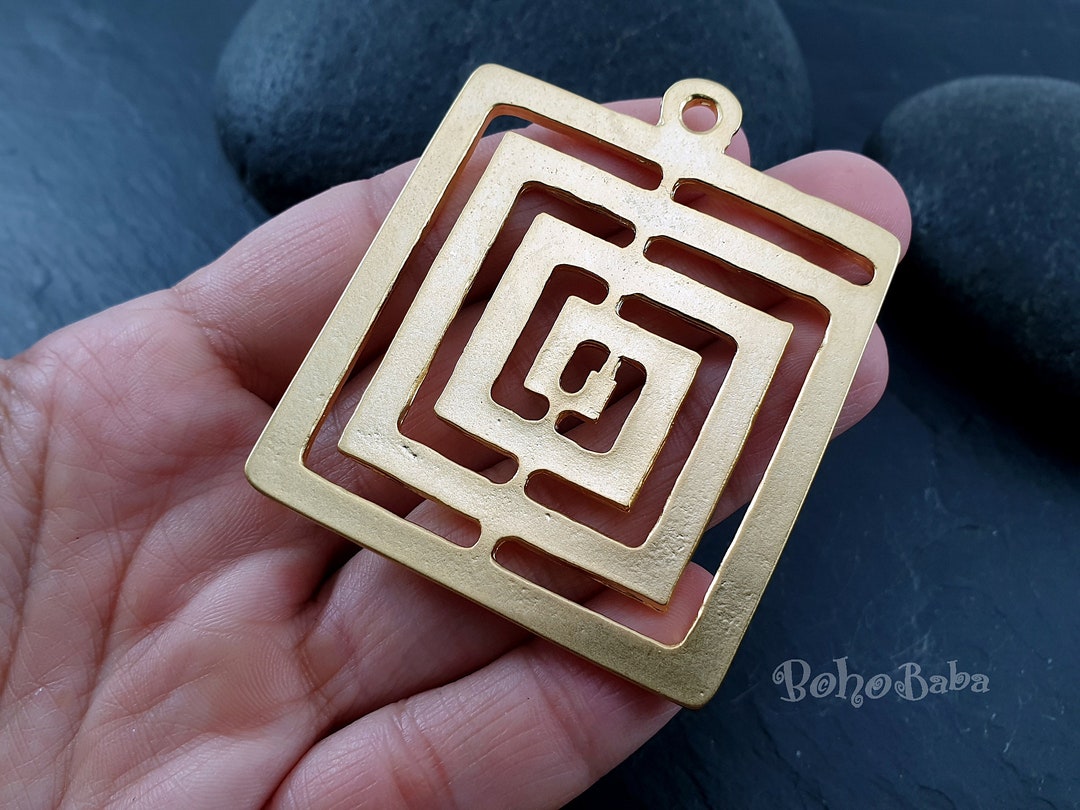 Large Gold Square Pendant, Gold Tribal Swirl Pendant, Geometric Gold ...