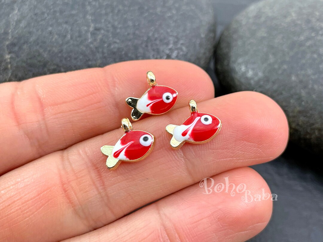 Shiny Gold Plated Enamelled Fish Charms, Red Enamel Fish Charms, 2 Pc ...
