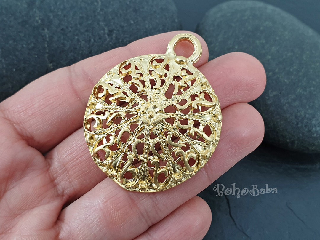 Round Gold Medallion Pendant, Tribal Gold Disc Charm, Ethnic Tribal ...