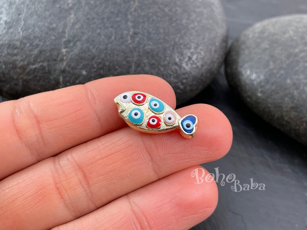 Shiny Gold Plated Evil Eye Enamelled Fish Charm, Gold Fish Spacer Beads ...
