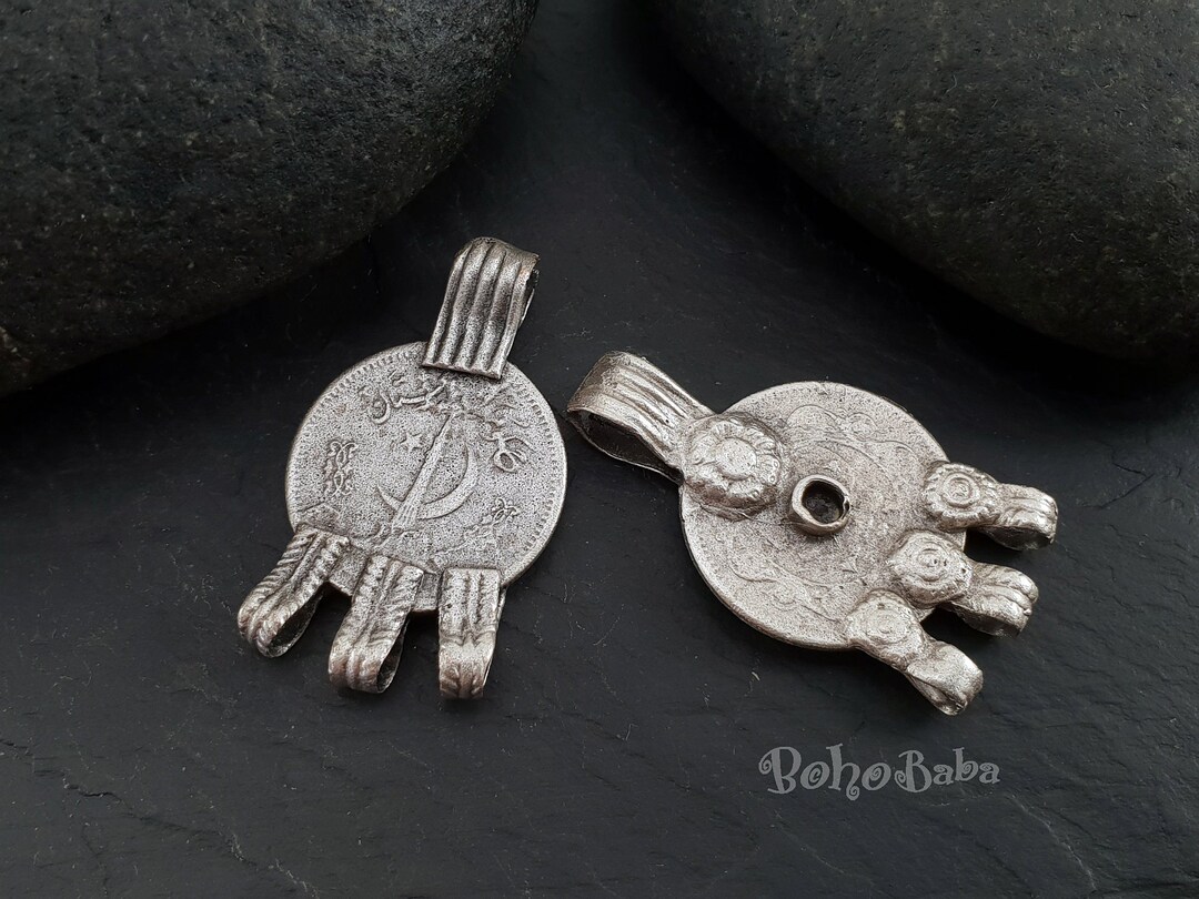 Tribal Afghan Coin Pendant, Silver Coin Connector Charms, Rustic Tribal ...