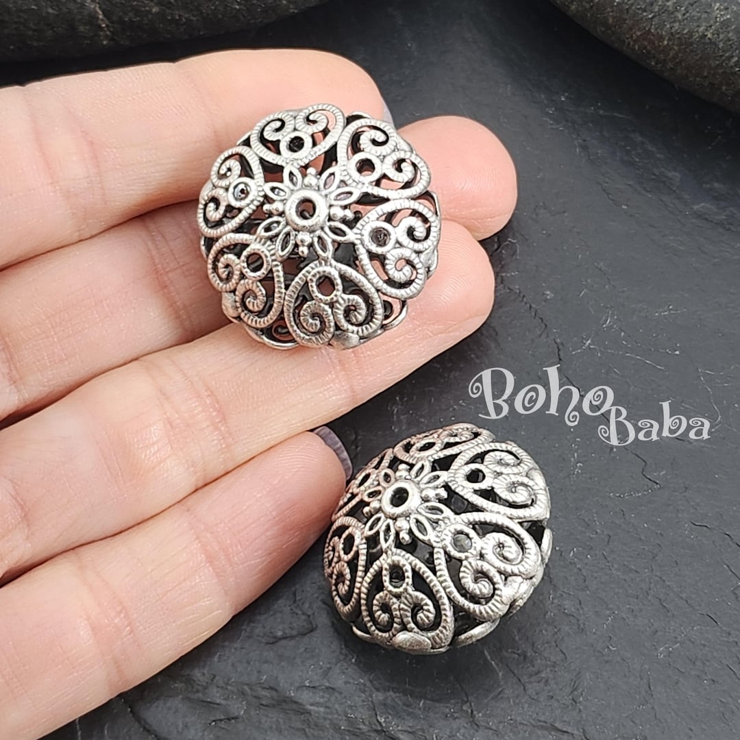 Antique Silver Plated Large Bead, Round Filigree Silver Spacer Bead ...