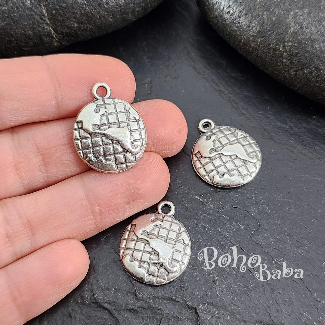Antique Silver Plated World Map Charms, Silver Globe Charms, Silver ...