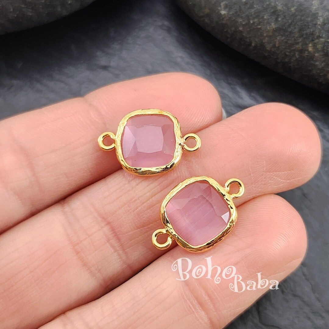 Rose Pink Square Cats Eye Crystal Connector Charm With Gold Plated ...