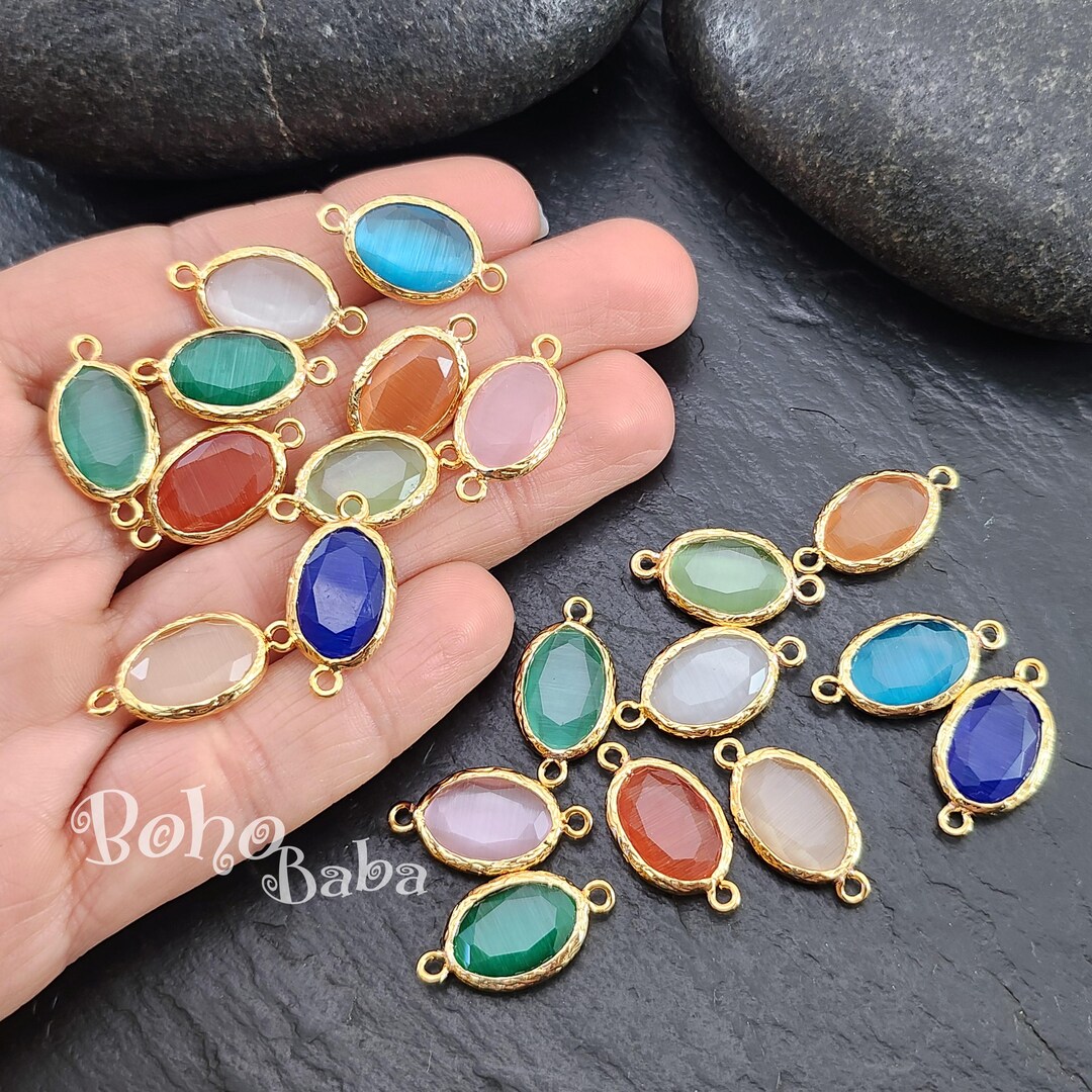 Oval Cats Eye Crystal Connector Charms With Gold Plated Hammered Bezel ...