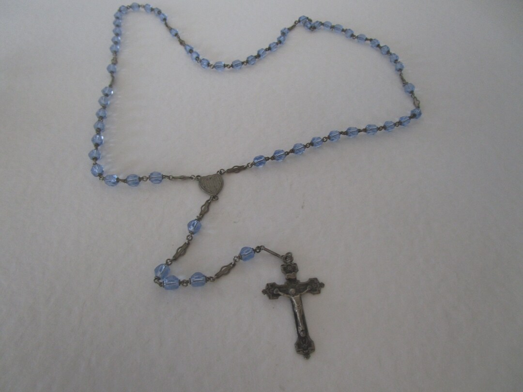 Antique Catholic Rosary With Blue Cut Crystal Beads & Crucifix Cross - Etsy