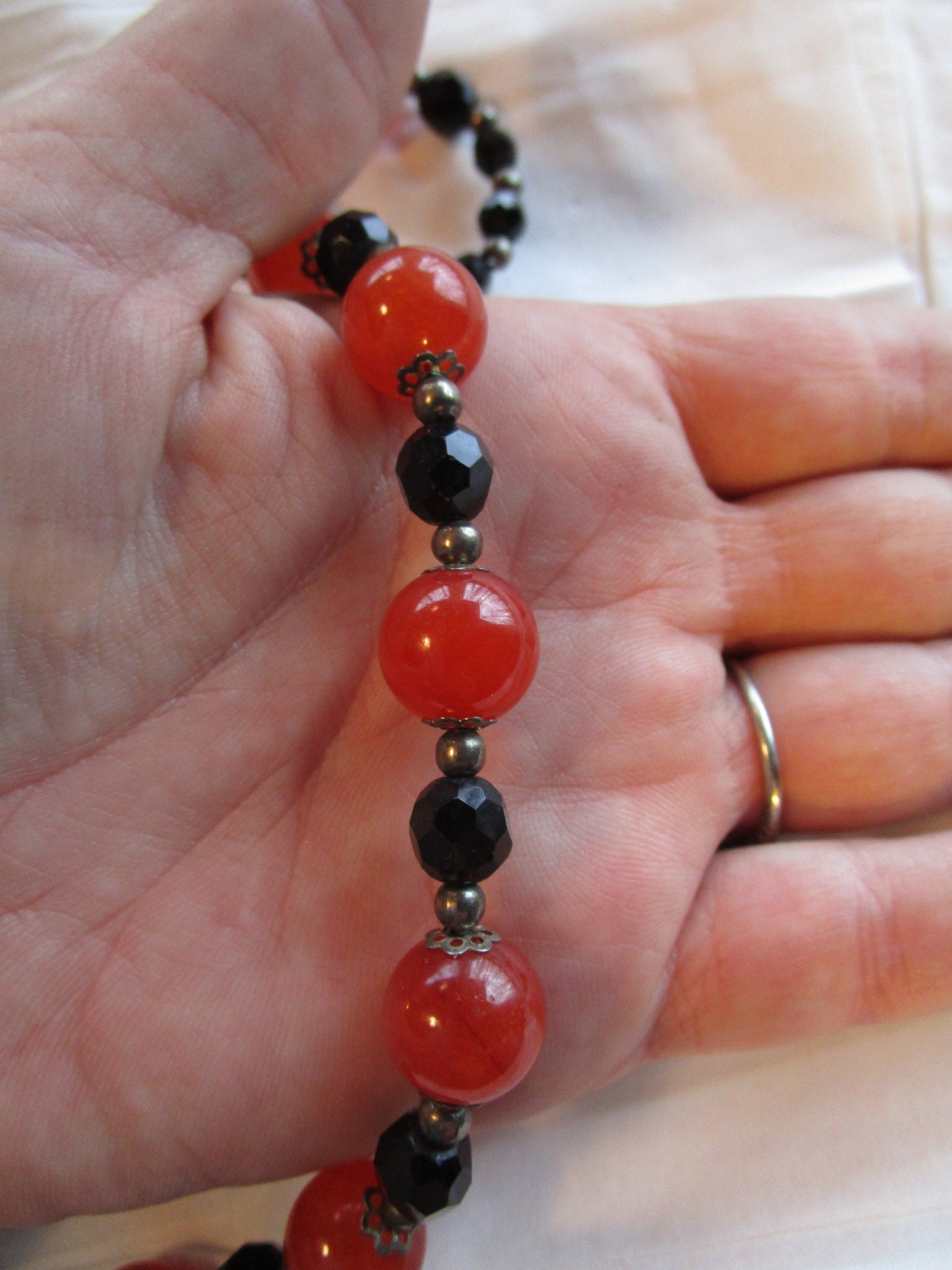 Vintage Designer Teng Yue Black Glass & Carnelian Beaded Necklace 29 ...