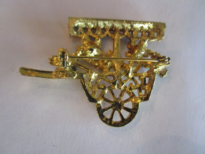 Vtg Gold Tone & Enameled Flower Cart Brooch With Rhinestones Designer B ...