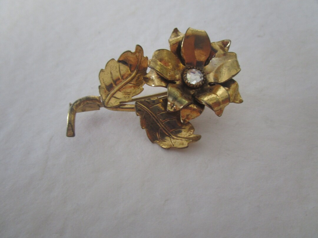 Antique Swiss Made Gold Filled & Rhinestone Flower Brooch - Etsy