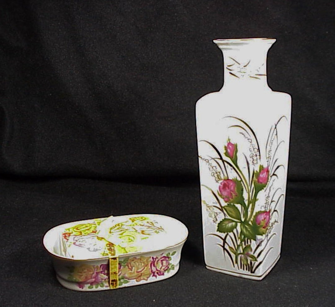 Vintage Porcelain VASE L- M Rose Pattern & Gold Trim 8" Tall EXTRA FREE ...