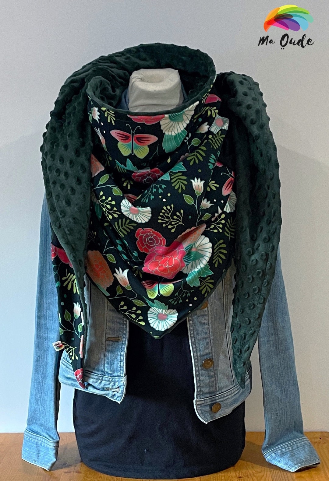 Maxi chèche, châle , écharpe rose, blanche et verte doublée en polaire ...