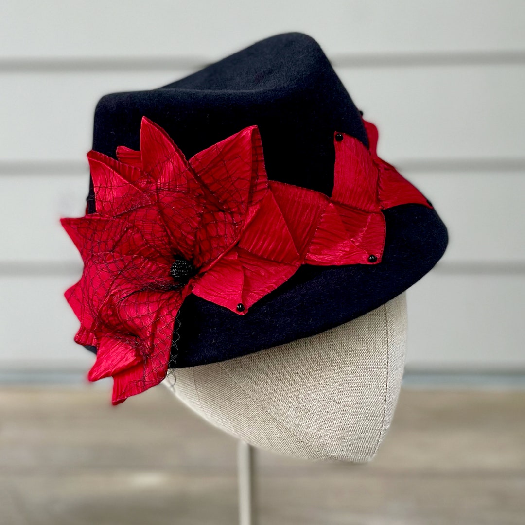 Vintage-style Black Velour Fedora: Red Silk Origami Ribbon & Beading - Etsy