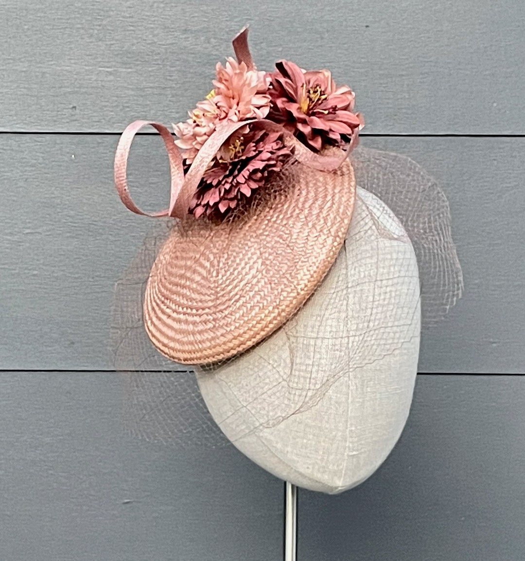 Blush Beige Buntal Straw Button Hat: Silk Zinnias & Vintage Veiling - Etsy