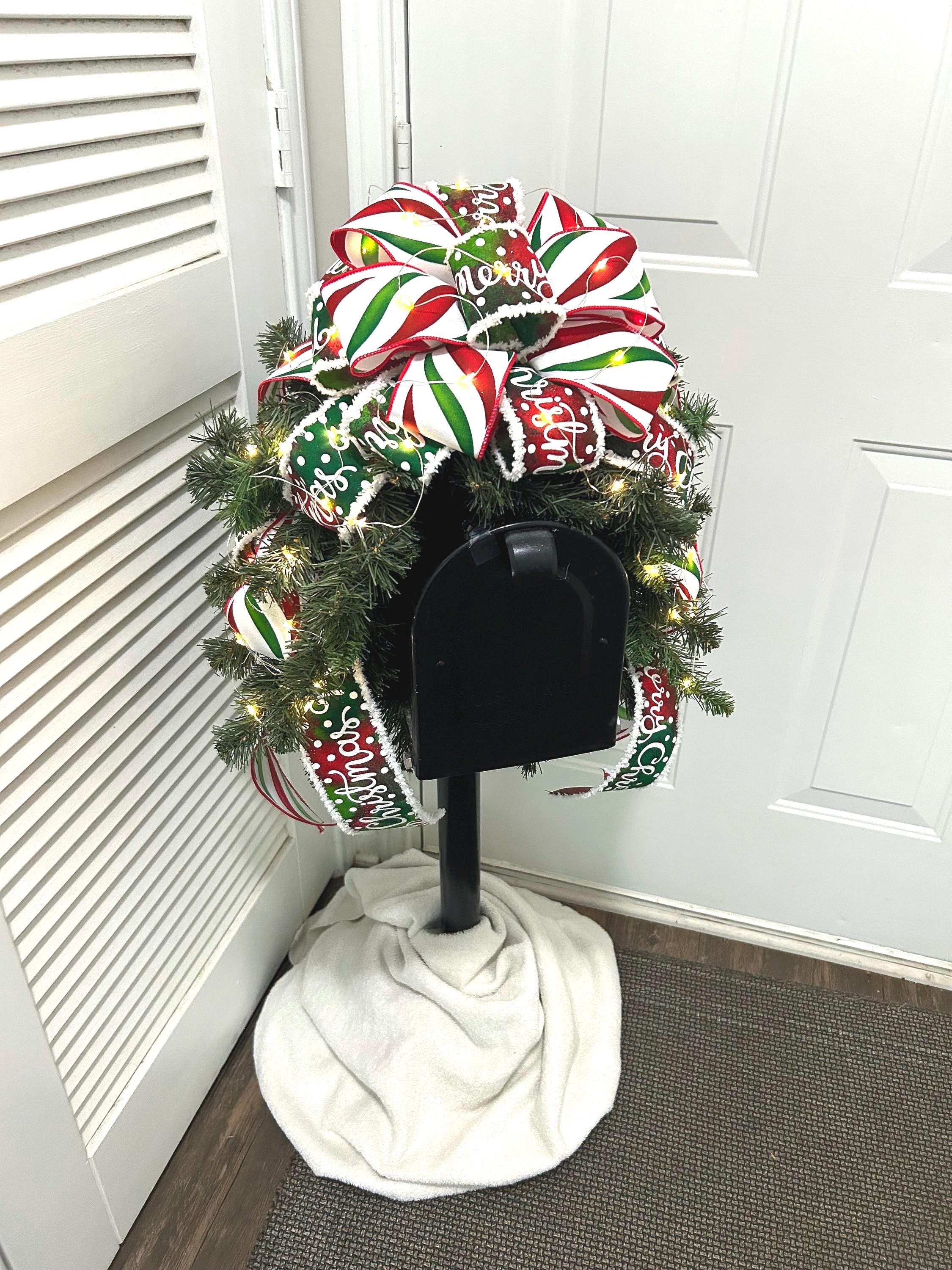 Lighted Christmas Mailbox Swag: Snowy Plaid Bow, Color-changing Leds - Etsy