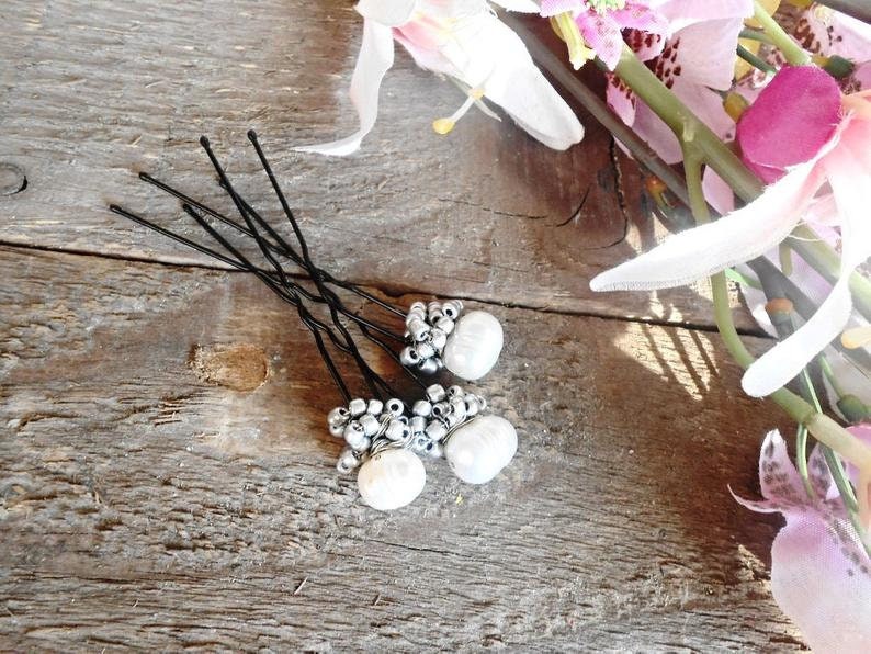 Fresh Water Pearl Hair Pins Set 3 Pcs Natural Shell Hairpiece Bridal ...