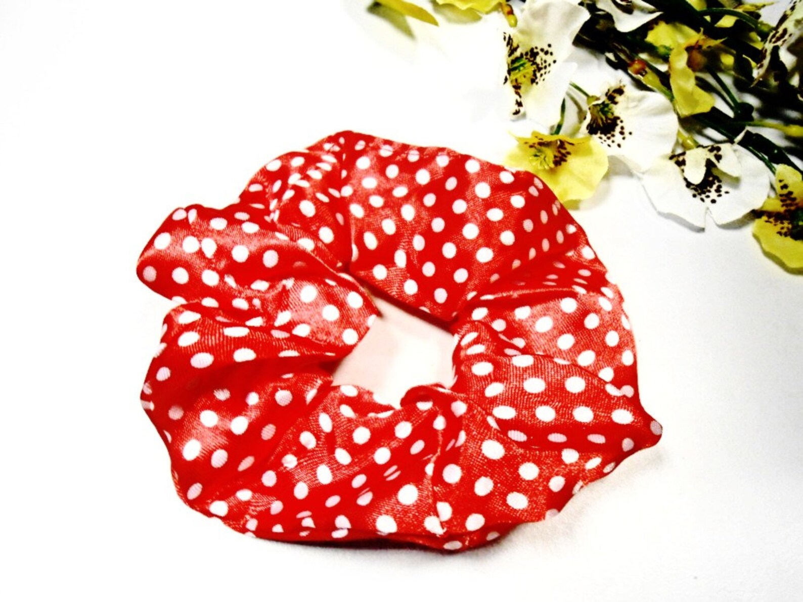 Hair Scrunchie Red White Polka Dot Satin Silk Ponytail Holder Bun Maker ...