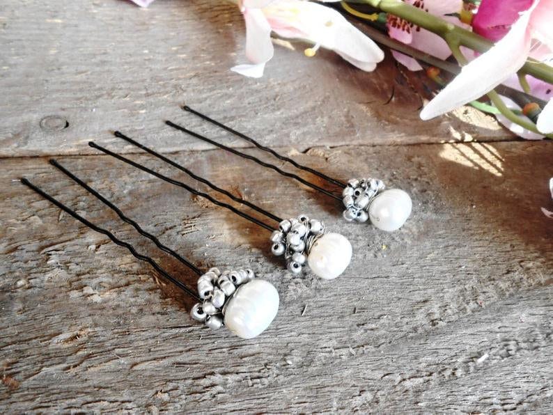 Fresh Water Pearl Hair Pins Set 3 Pcs Natural Shell Hairpiece Bridal ...