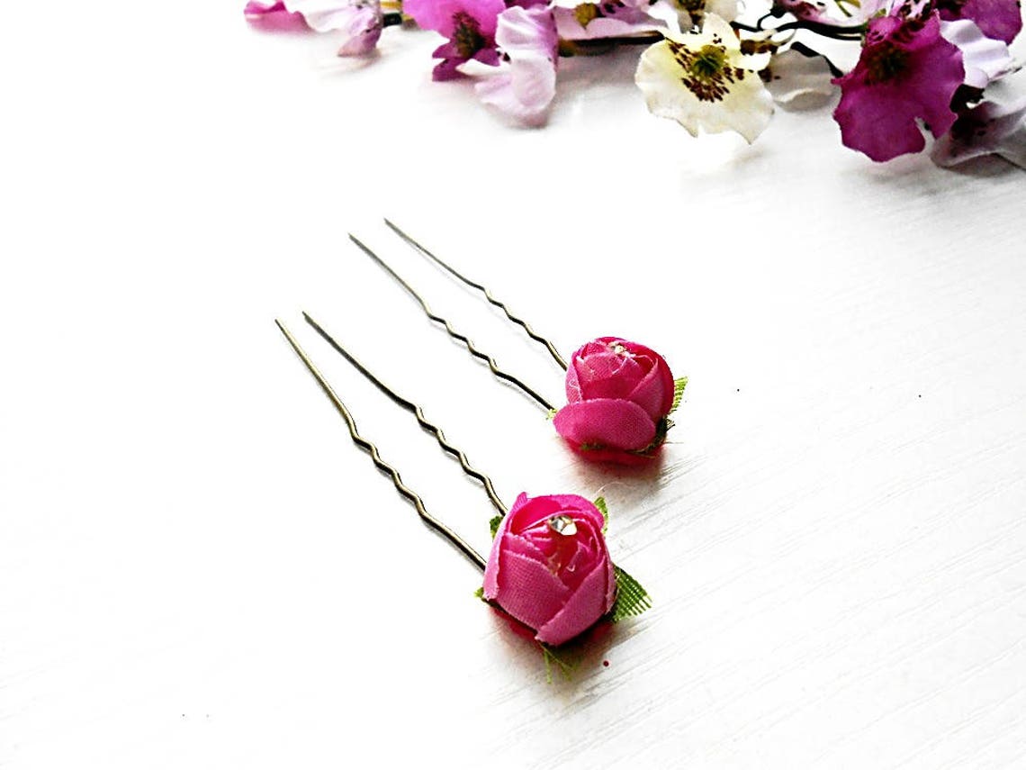 Rose Hair Pin Set 2 Pc Bobby Slide Pins Floral Pink Silk Fabric Flower ...