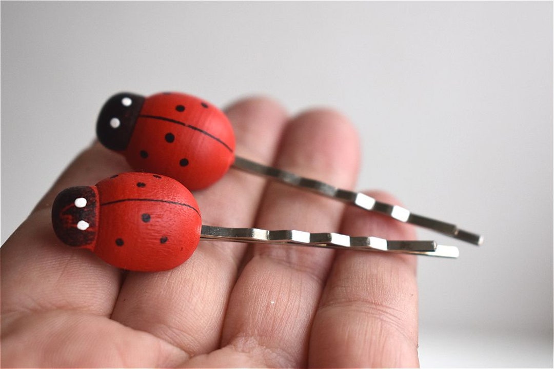 Set of 2 Ladybug Clip Bobby Pin Red Wood Bead Slide Hairpins Clips Pin ...